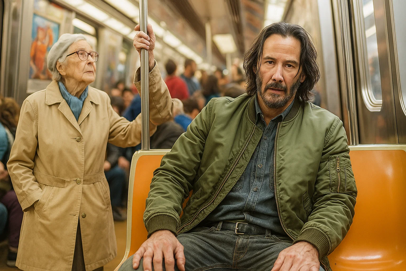 🎩☕ “Just a Sad Hot Dad?” Keanu Reeves Rides NYC Subway, Offers Seat to ...